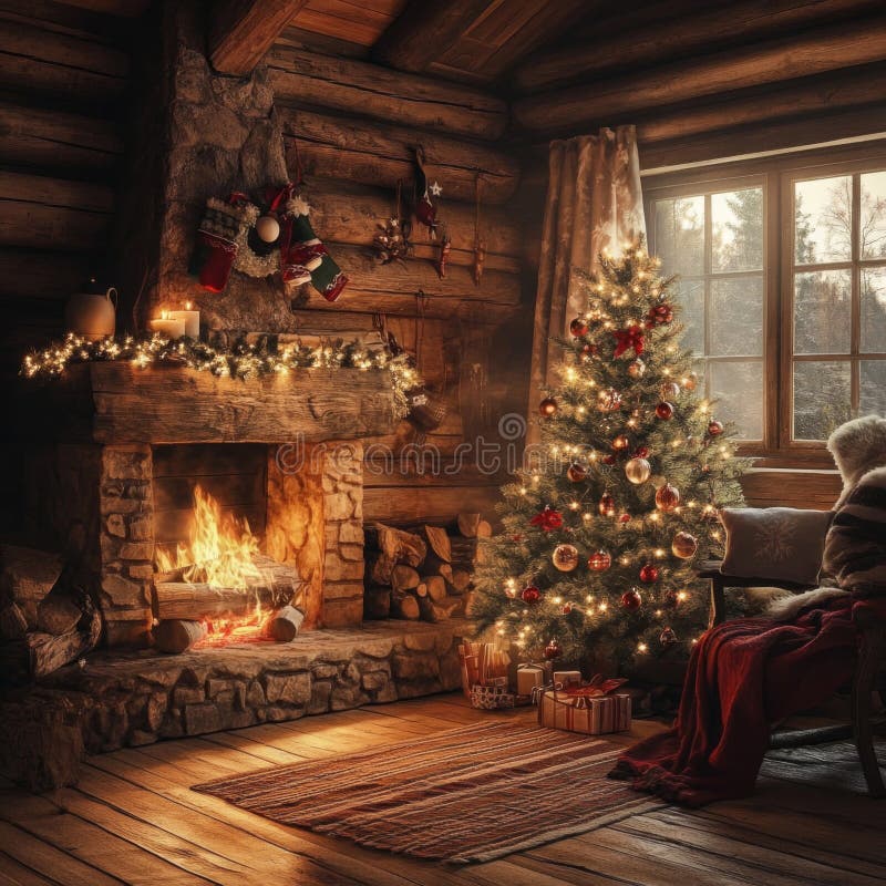 Cozy Christmas Cabin with Fireplace and Decorated Tree Stock ...