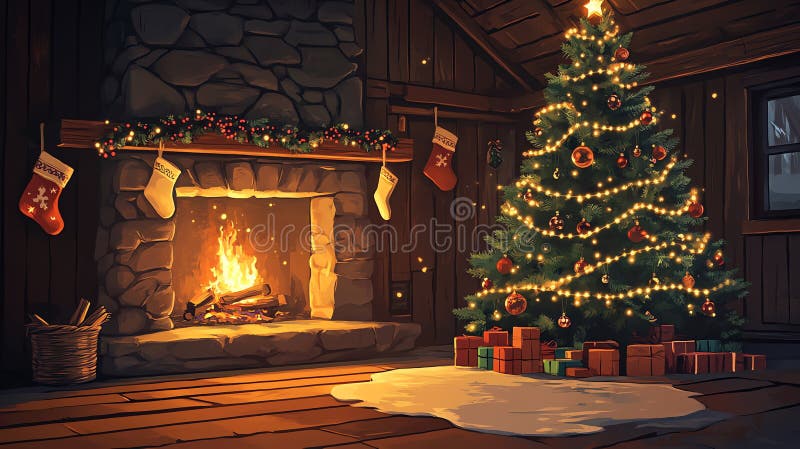Cozy Christmas Cabin with Fireplace and Tree Stock Photo - Image of ...