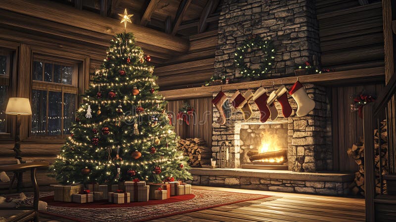 Cozy Christmas Cabin with Fireplace and Tree Stock Photo - Image of ...