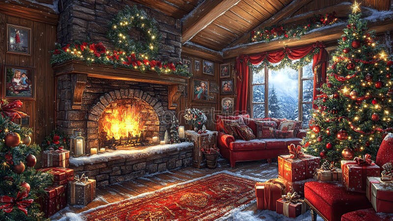 Cozy Christmas Cabin Interior Stock Illustration - Illustration of presents, candles: 383112754