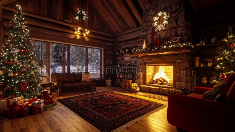Cozy Christmas Cabin Interior with Fireplace and Decorated Tree Stock ...