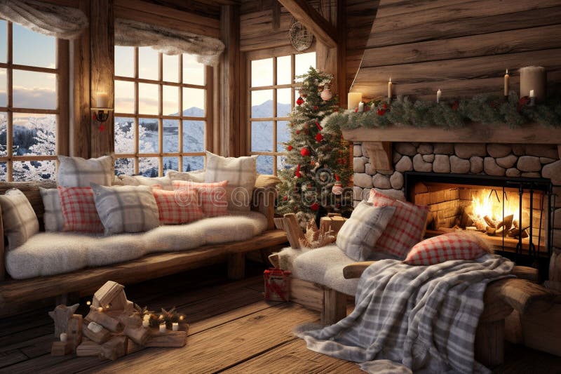 Cozy Christmas Cabin Interiors with Rustic and Stock Illustration ...