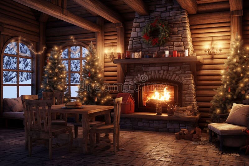 Cozy Christmas Cabin Interiors with Rustic and Stock Illustration ...