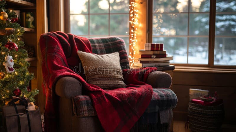 Cozy Christmas Chair by Window with a Christmas Tree Stock Illustration ...