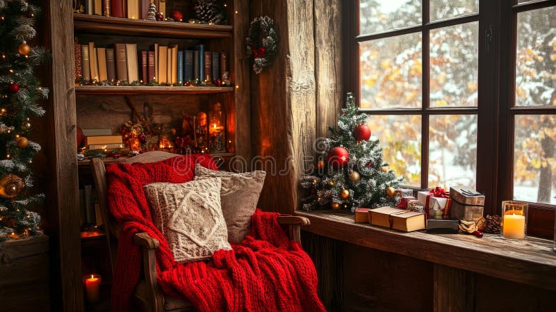 Cozy Christmas Corner with Books, Candles, and Decorated Trees Stock ...