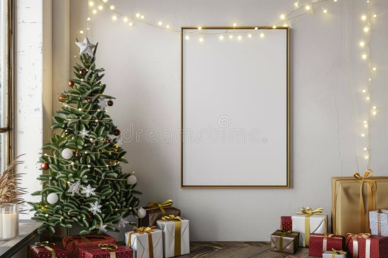 Cozy Christmas Corner with Decorated Pine Tree and Modern Frame Mockup ...