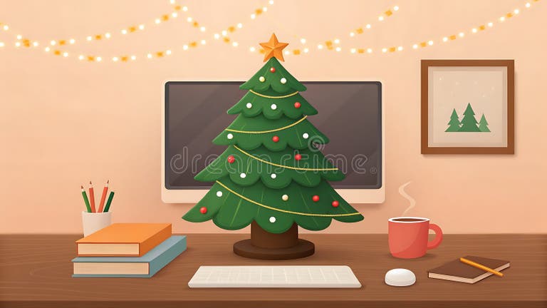 Cozy Christmas Desk Setup with a Decorated Tree Computer and Warm Drink ...