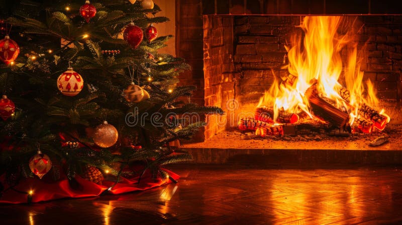 Cozy Christmas Eve by the Fireplace with Decorated Tree and Warm Fire ...