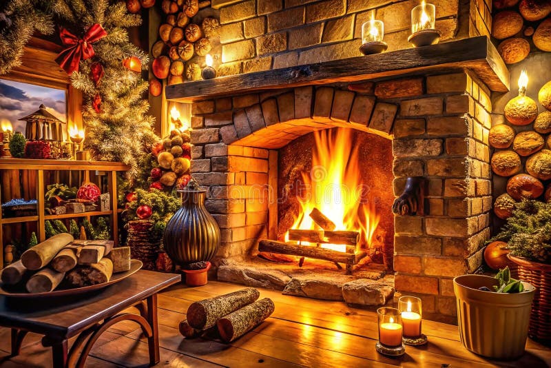 Cozy Christmas Fireplace with Burning Fire, Ornaments, and Candles ...
