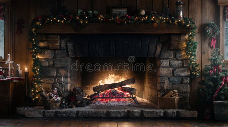 Cozy Christmas Fireplace with Burning Logs and Festive Decorations ...