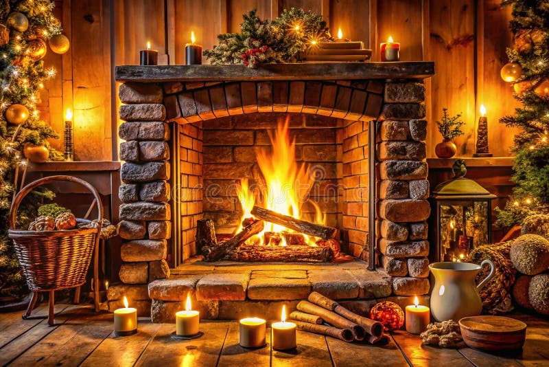 Cozy Christmas Fireplace Scene with Burning Fire, Candles, and ...