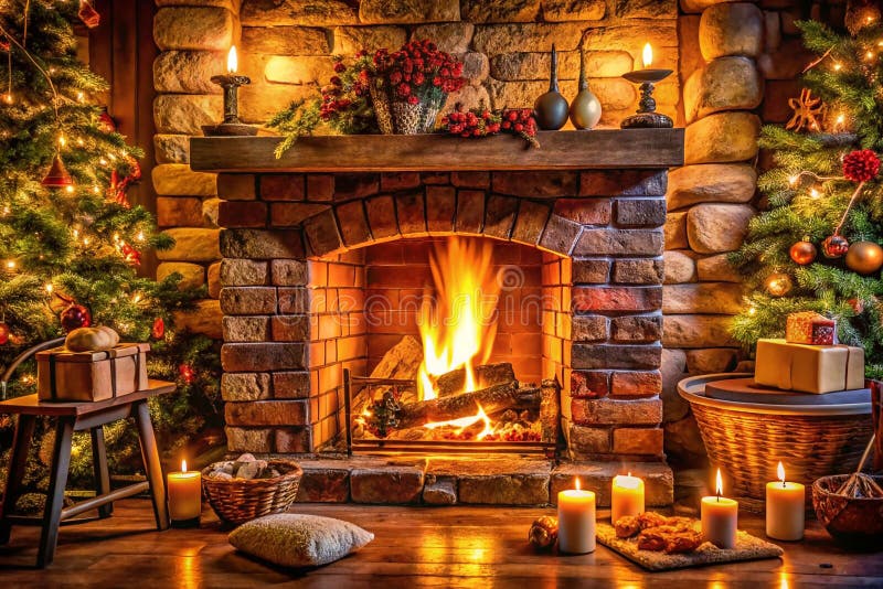 Cozy Christmas Fireplace Scene with Burning Fire, Decorated Trees, and ...