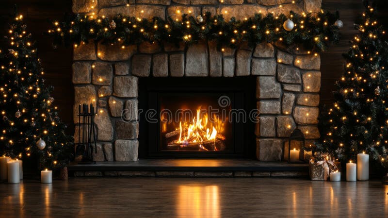 Cozy Christmas Fireplace Scene with Decorated Trees Stock Illustration ...