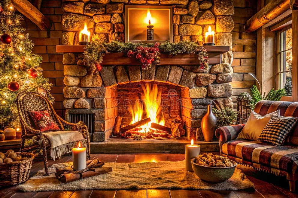 Cozy Christmas Fireplace Scene in Rustic Cabin Stock Illustration ...