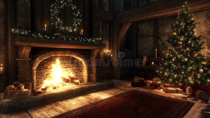 A Cozy Christmas Fireplace Scene in a Rustic Cabin Stock Illustration ...