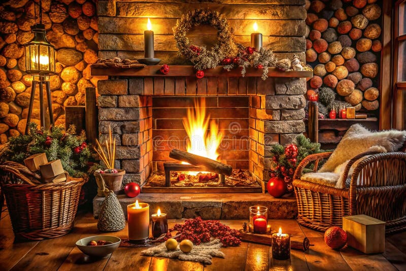 Cozy Christmas Fireplace Scene with Rustic Decor Stock Illustration ...