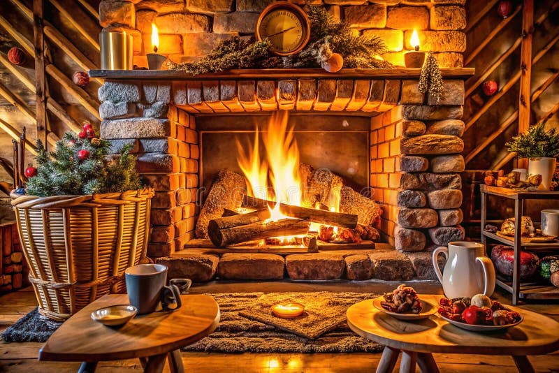 Cozy Christmas Fireplace Scene with Warm Fire, Drinks, and Treats Stock ...