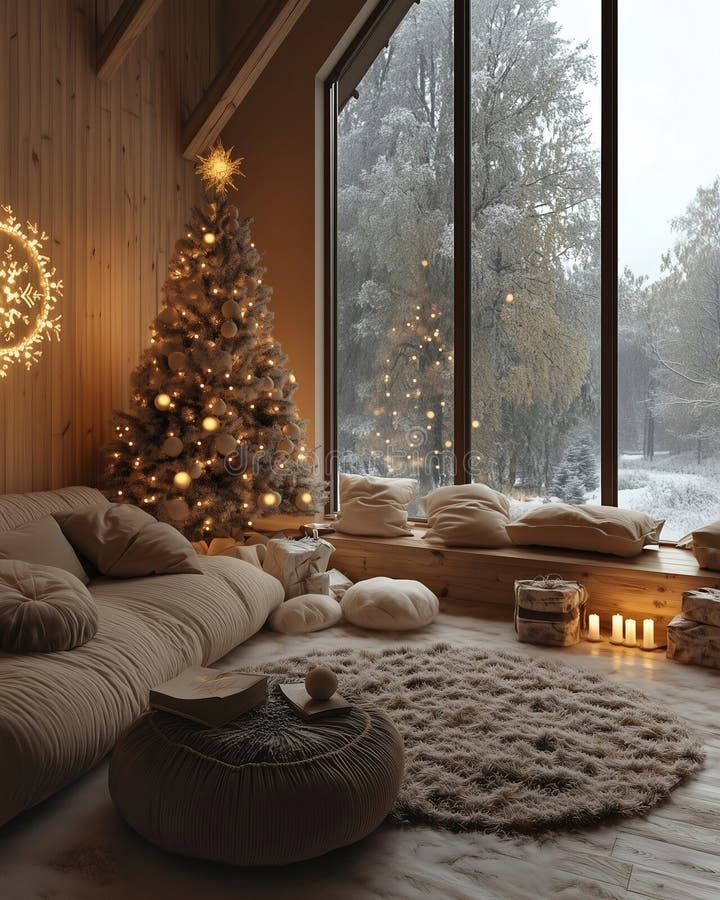 Cozy Christmas Interior - Minimalist Holiday Decor Stock Illustration ...