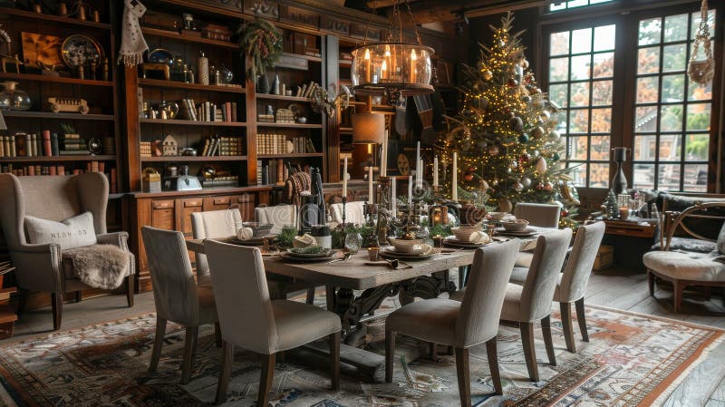 Cozy Christmas Library Dining Room with Festive Decor and Candlelit ...