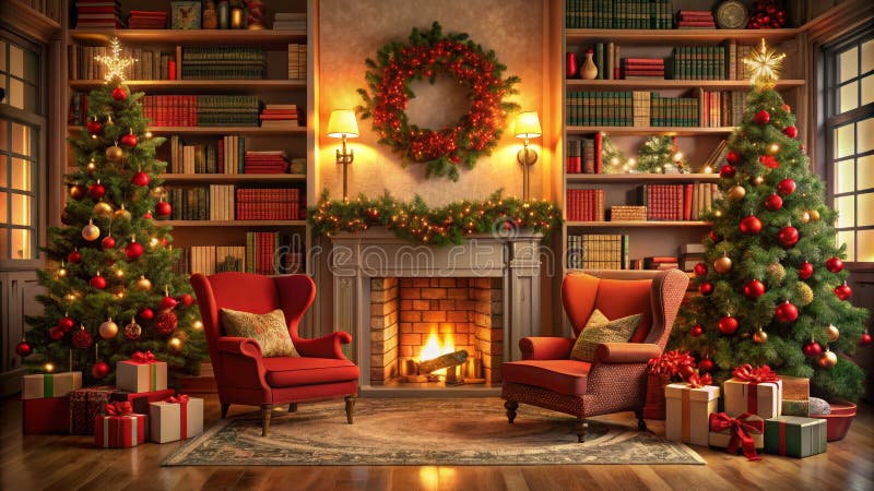 Cozy Christmas Library Two Trees, Fireplace, and Gifts Stock ...