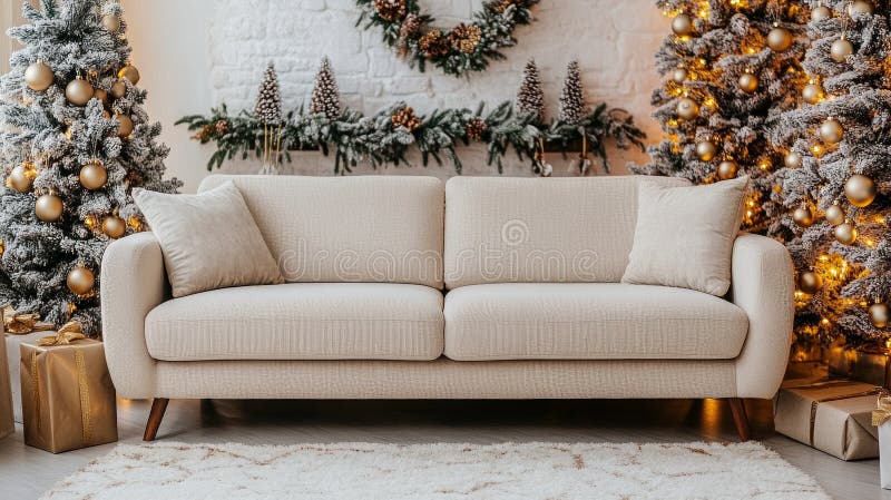 Cozy Christmas Living Room with Beige Sofa and Decor Stock Illustration ...