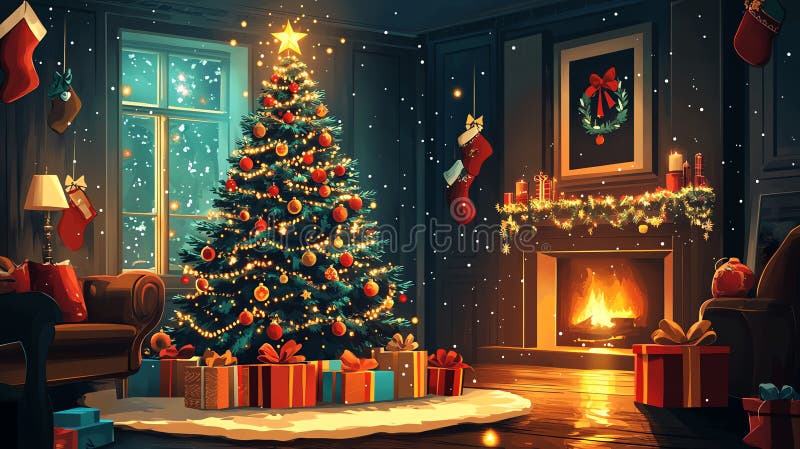 Cozy Christmas Living Room with Decorated Tree Stock Image - Image of ...
