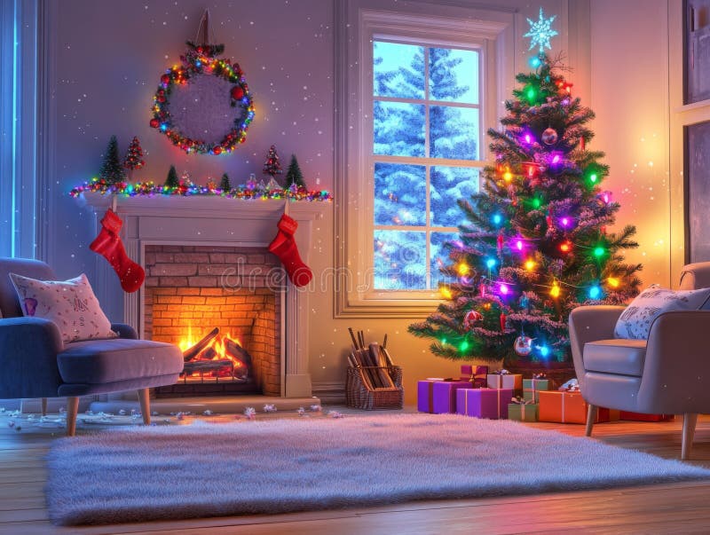 Cozy Christmas Living Room with Decorated Tree and Fireplace Stock ...