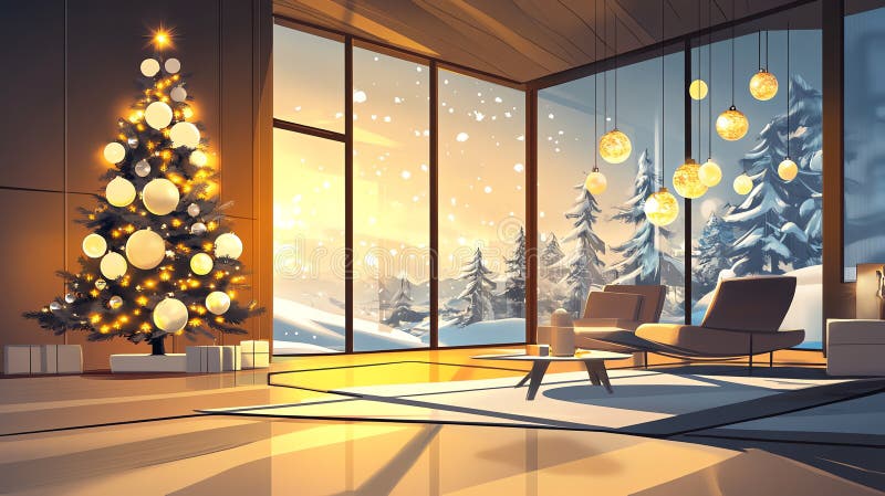 Cozy Christmas Living Room with Winter View Stock Photo - Image of ...