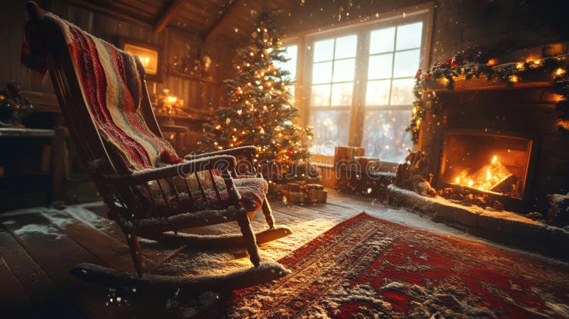 Cozy Christmas Rocking Chair by Fireplace and Tree Stock Illustration ...