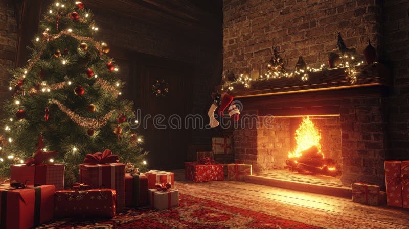 Cozy Christmas Scene with a Decorated Tree and Fireplace Stock ...