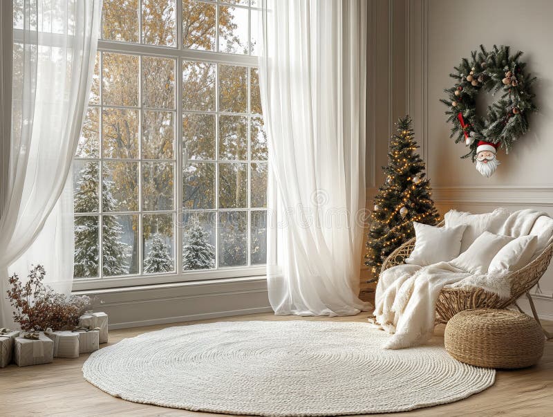 Christmas Window with White Sheer Curtains and Santa Decorations Stock ...