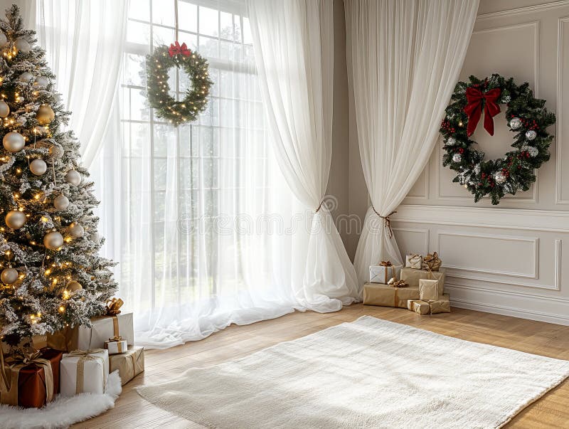 Christmas Window with White Sheer Curtains and Santa Decorations Stock ...