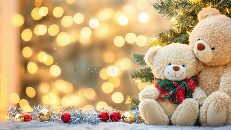 Cozy Christmas Scene with Teddy Bears by Decorated Christmas Tree Stock ...