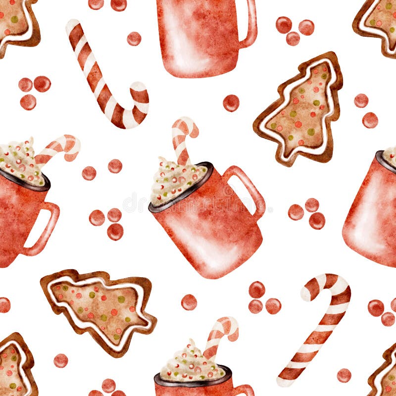 Cozy Christmas Seamless Pattern Gingerbread Cookies, Red Cacao Mug and ... Cozy Christmas Seamless Pattern Gingerbread Cookies, Red Cacao Mug and ...