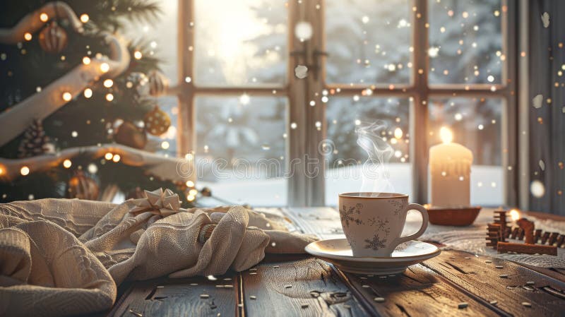 Cozy Christmas Setting with Coffee, Candle, and Snowfall by Large ...