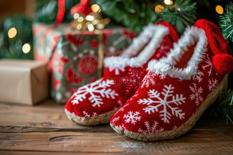 Cozy Christmas Slippers with Gifts and Tree Stock Illustration ...
