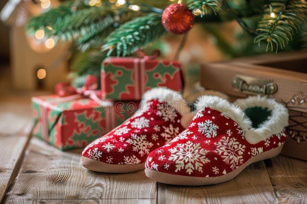 Cozy Christmas Slippers and Gifts Under Tree Stock Illustration ...