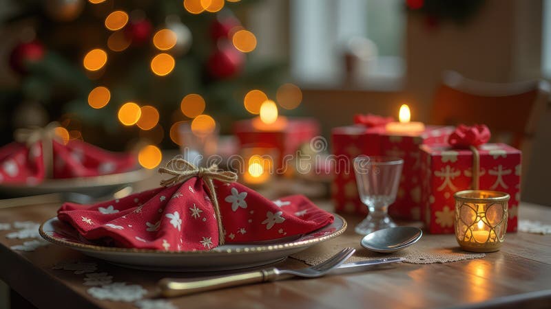 Cozy Christmas Table Setting with Festive Red Decor and Candlelight ...