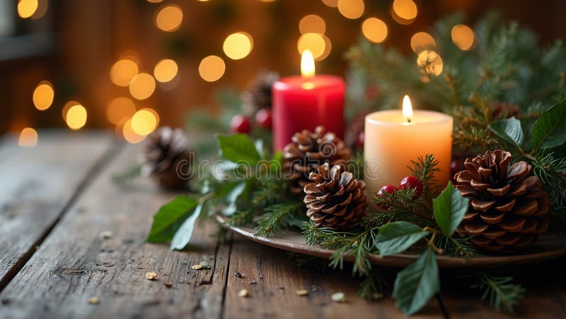 Cozy Christmas Table Setting with Pinecones Holly and Candles on Rustic ...