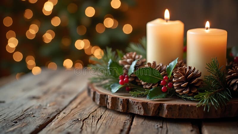Cozy Christmas Table Setting with Pinecones Holly and Candles on Rustic ...