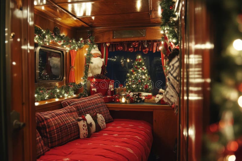 Cozy Christmas Train Car Interior with Bed and Decorations Stock ...