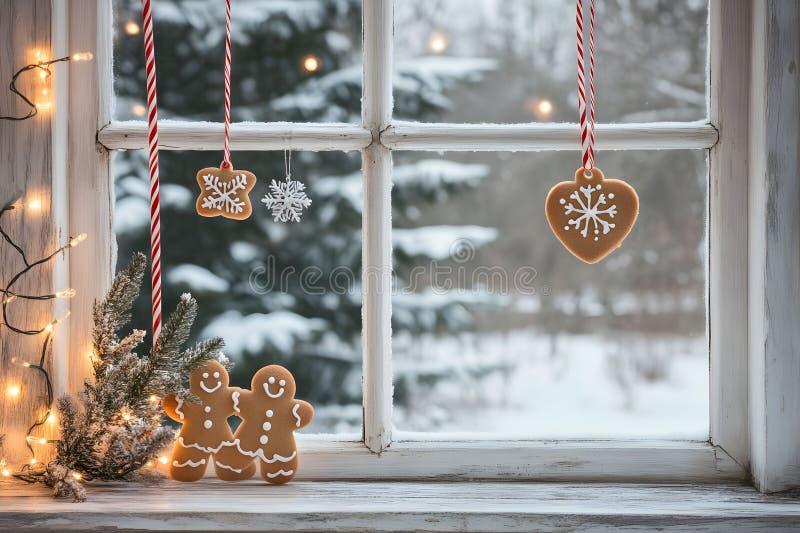 Beautiful Christmas Window Display with Gingerbread Cookies and Snowy ...