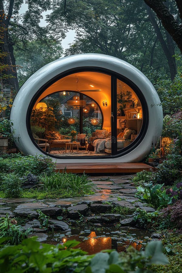 Cozy Circular House with Warm Lighting in a Lush Forest Setting Stock ...