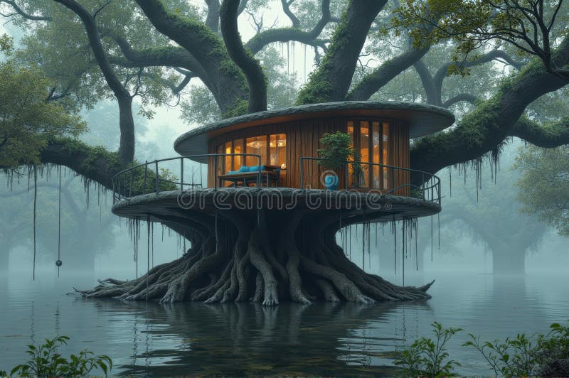 Cozy Circular Treehouse Amidst Scenic Misty Forest Water Landscape ...