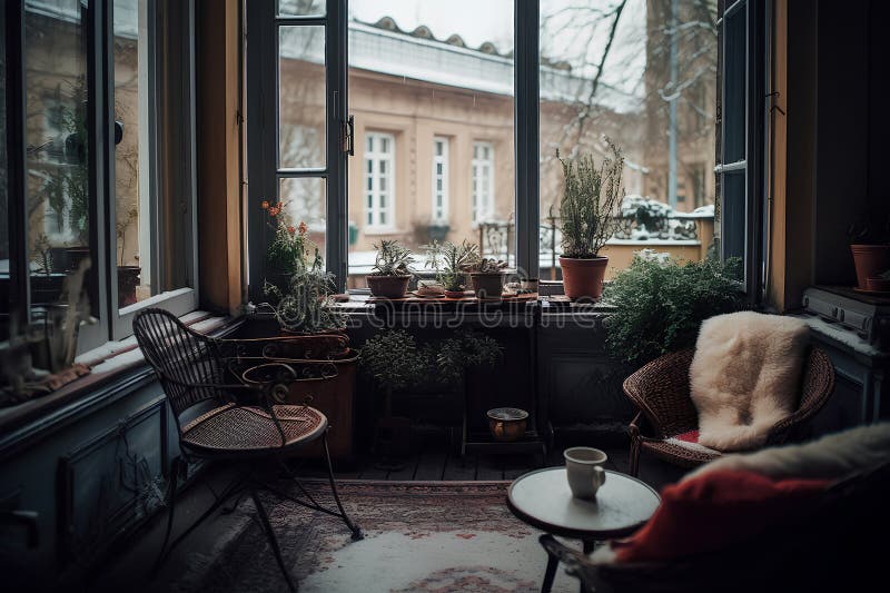 Cozy City Terrace with Table and Armchairs Stock Illustration ...