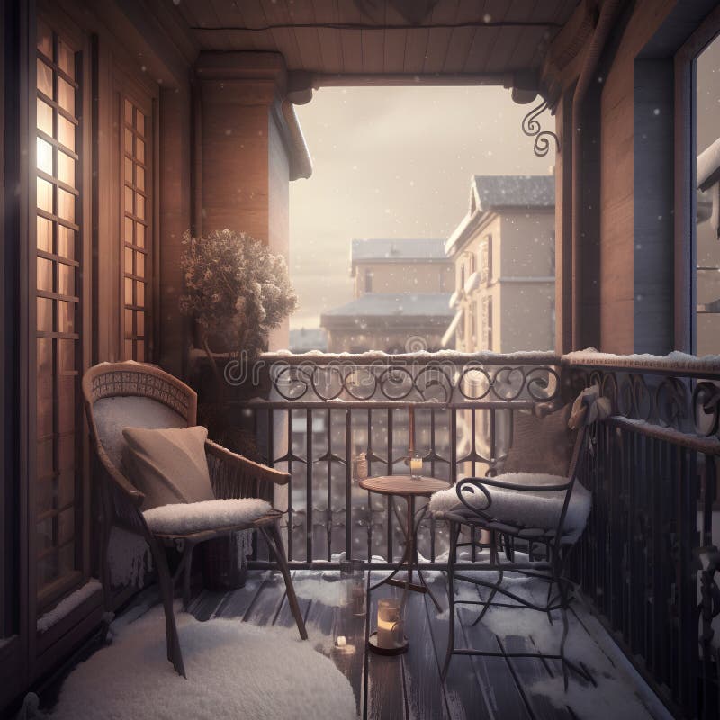Cozy City Terrace with Table and Armchairs in Winter Evening Stock ...