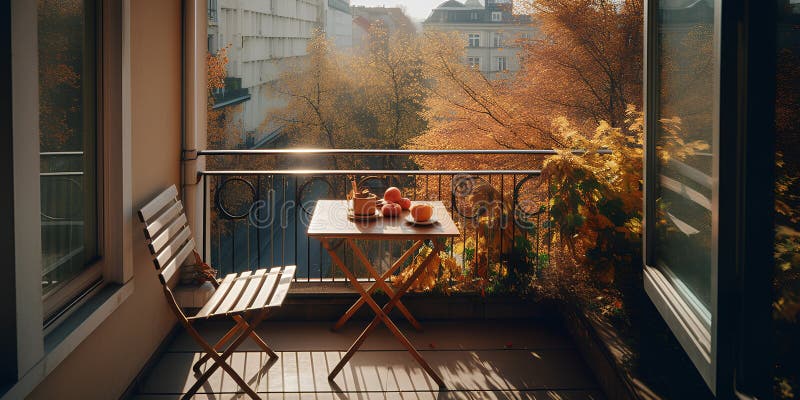 Cozy City Terrace with Table in Autumn Lit with Autumn Sun Stock ...