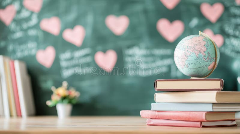 Cozy Classroom Environment with Books and Globe on Desk in Front of ...