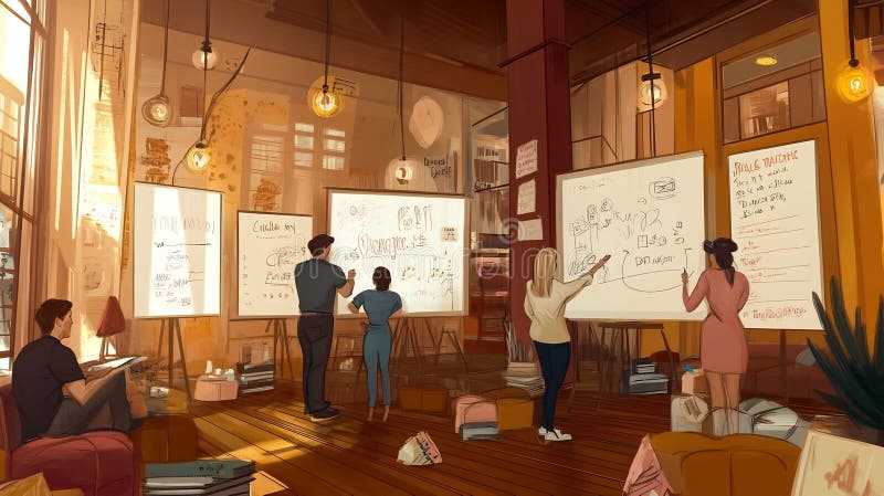 Cozy Classroom Interior with Whiteboards and Student Laptops for Educational Learning and ...