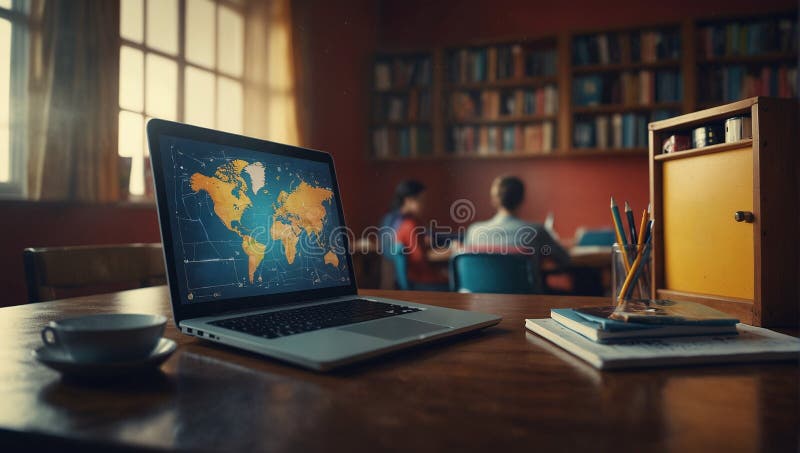 Cozy Classroom with Laptop Displaying World Map and Students in the ...